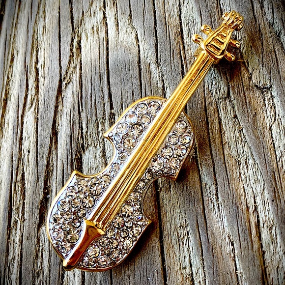 Vintage | Jewelry | Vintage Rhinestone Goldplated Violin Brooch 225 ...